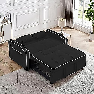 3 in 1 Convertible Pull Out Sleeper Sofa Bed,Multi-Functional Adjustable Loveseat Futon Sofá Chair with USB Ports and Cup Holders,Velvet Upholstered Small Love Seat Lounge Recliner 2-Seat Couch
