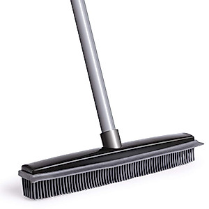 Pet Hair Remover Rubber Broom with Squeegee Edge 59 inches Adjustable Carpet Rake Long Handle Push Broom for Hair Pet Dog Carpet Hardwood Floor Tile Windows Cleaning