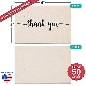 321Done Thank You Note Cards (Set of 50) 4x6 - Blank on Back - Made in USA, Cute Modern Script Kraft Tan Thick Cardstock, Large