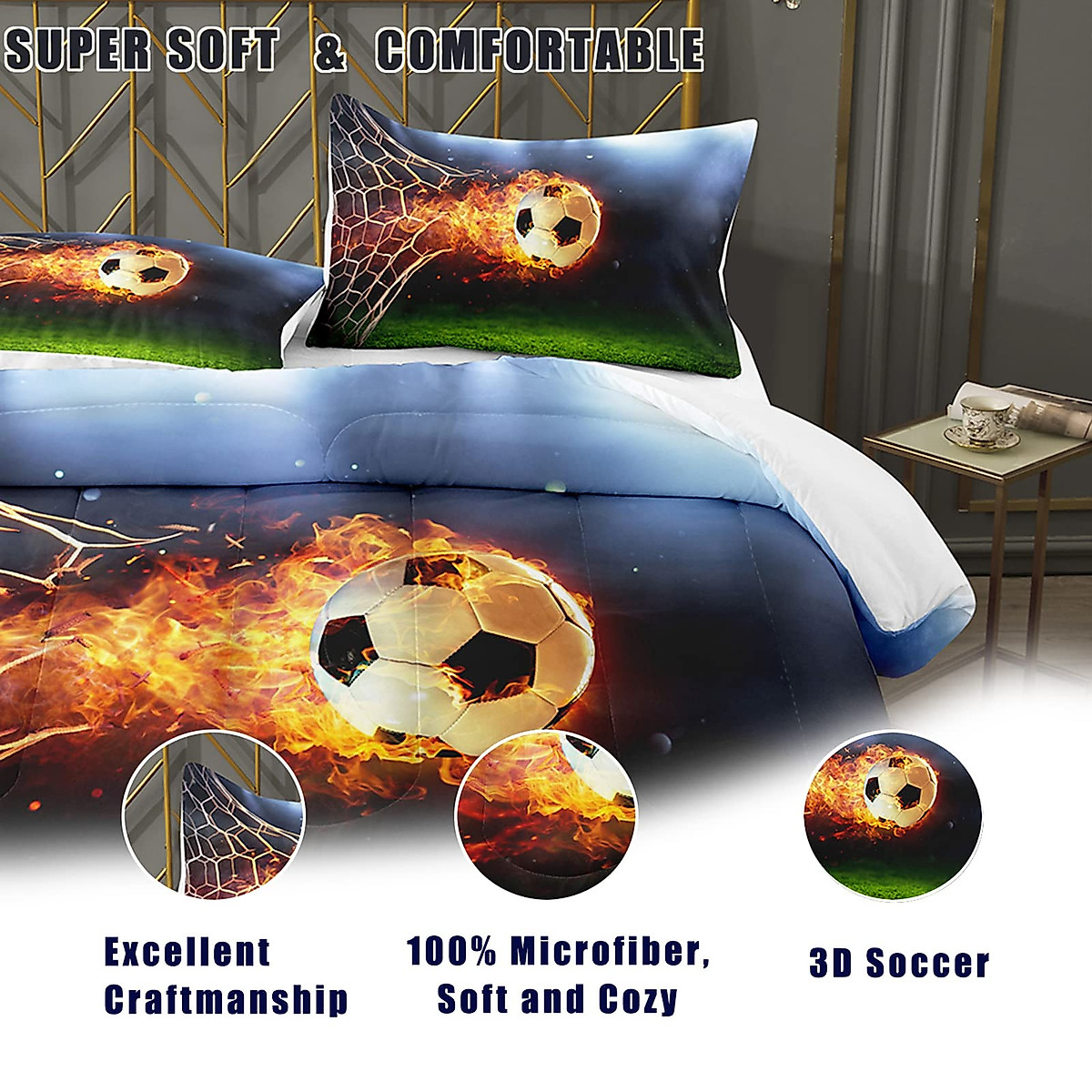 Bodhi Boys Soccer Comforter Set Twin,Sports Bedding Set Twin for Boys Teen Kids,Teen Boy Comforter Set with Matching Pillowcases,Kids Football Bedding Set Twin Size
