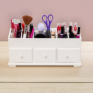 Makeup Organizer with Drawers, Wooden Cosmetic Beauty Storage Box for Home and Office Vanities, Countertop Organizer for Cosmetics and Makeup Tools, Vanity Holder for Lipstick Brushes Lotions, White
