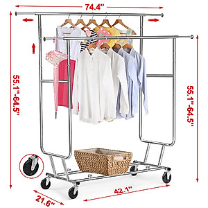 Double Rail Garment Rack with Adjustable Extendable Rails, Chrome Finish Collapsible Clothing Rack, Commercial Grade Clothes Drying Rack, Rolling Racks with Wheels