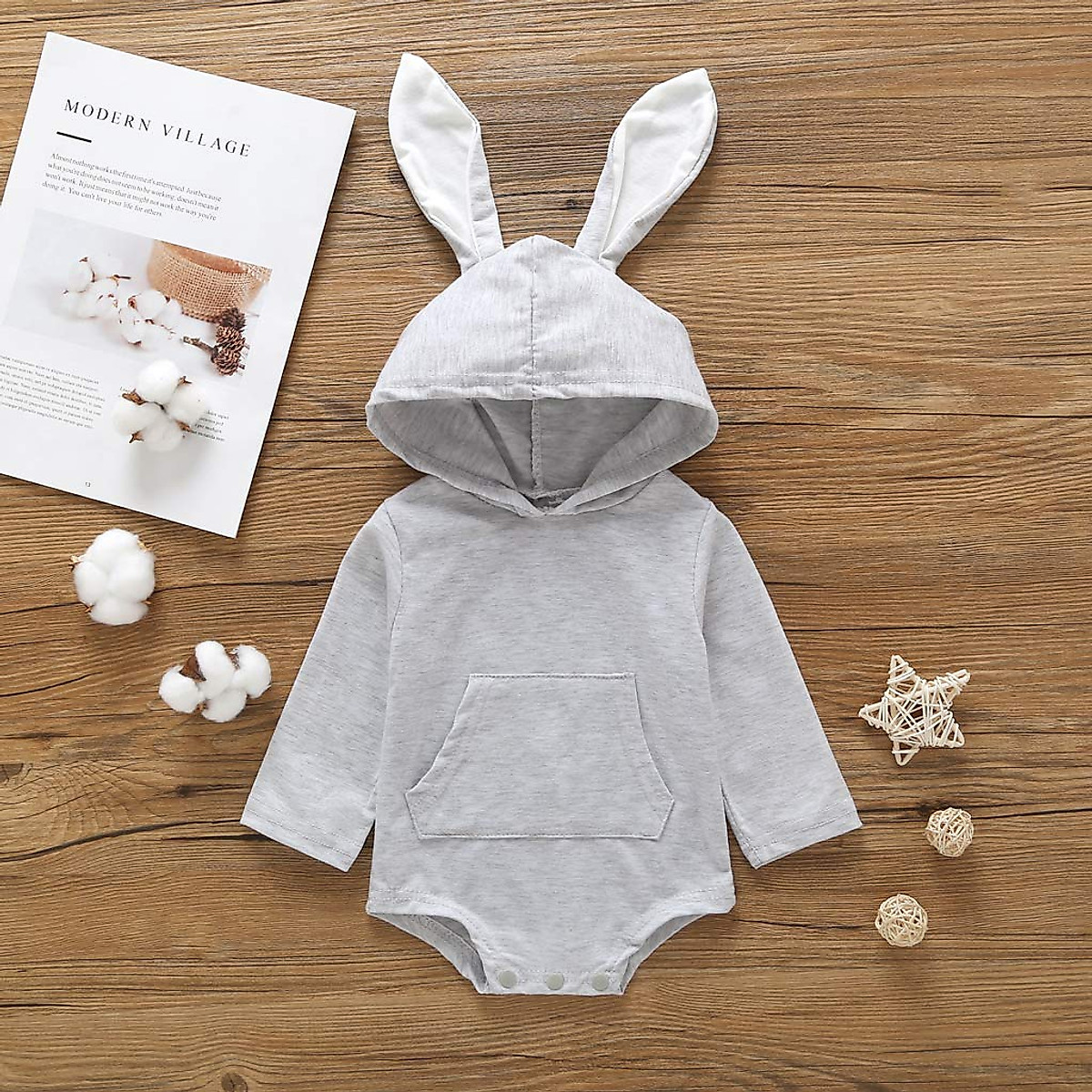 DUBASAM Newborn Infant Baby Girl Boy Bunny Hooded Romper Cartoon 3D Rabbit Hoodie Halloween Easter Outfit (Light Gray, 0-3 Months)