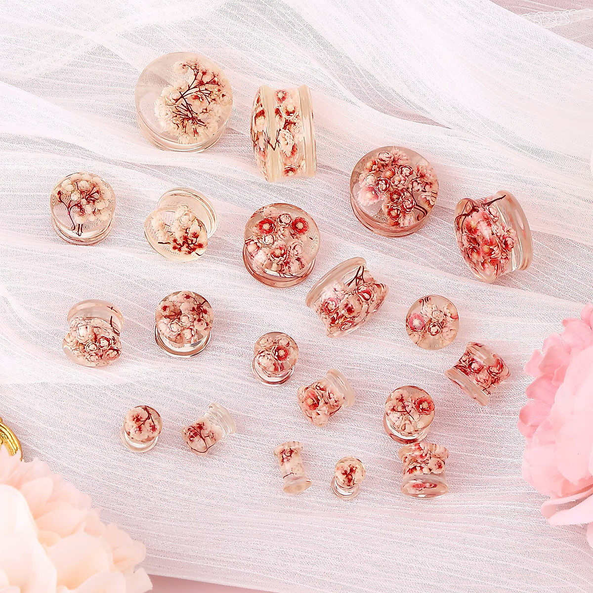 Jewseen 2Pcs Flower Ear Gauges Plugs Gauge 2g to 1'' Resin Tunnels Real flower plugs Real Plant Organic Gauges Resin Flower Gauges Resin Plugs