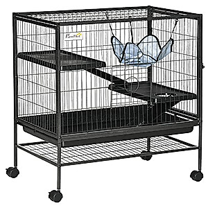 PawHut Small Animal Cage with Hammock, 3 Tiers Ferret Cage with Storage Shelf, Chinchilla Cage Sugar Glider Cage, Strong Metal Wire, Removable Tray