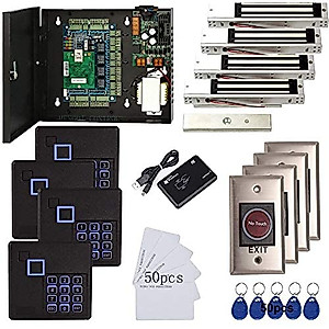 MENGQI-CONTROL 4 Doors Access Control System Infrared No Touch Exit Keypad Scanner 600lbs Electric Magnetic Lock 110V Metal Power Box RFID Reader RFID Card Key Fob(Phone APP remotely Open Door)
