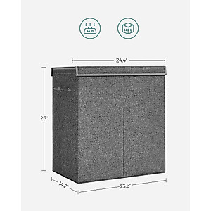 SONGMICS 37.5 Gal. Foldable Laundry Basket with 2 Compartments, Magnetic Lid and Handles, Removable Liner Bag, Dark Gray