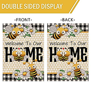 Furiaz Welcome to Our Home Bee Spring Summer Decorative Garden Flag, Daisy Yard Buffalo Plaid Check Home Outside Decorations, Flower Farmhouse Burlap Outdoor Small Decor Double Sided 12×18