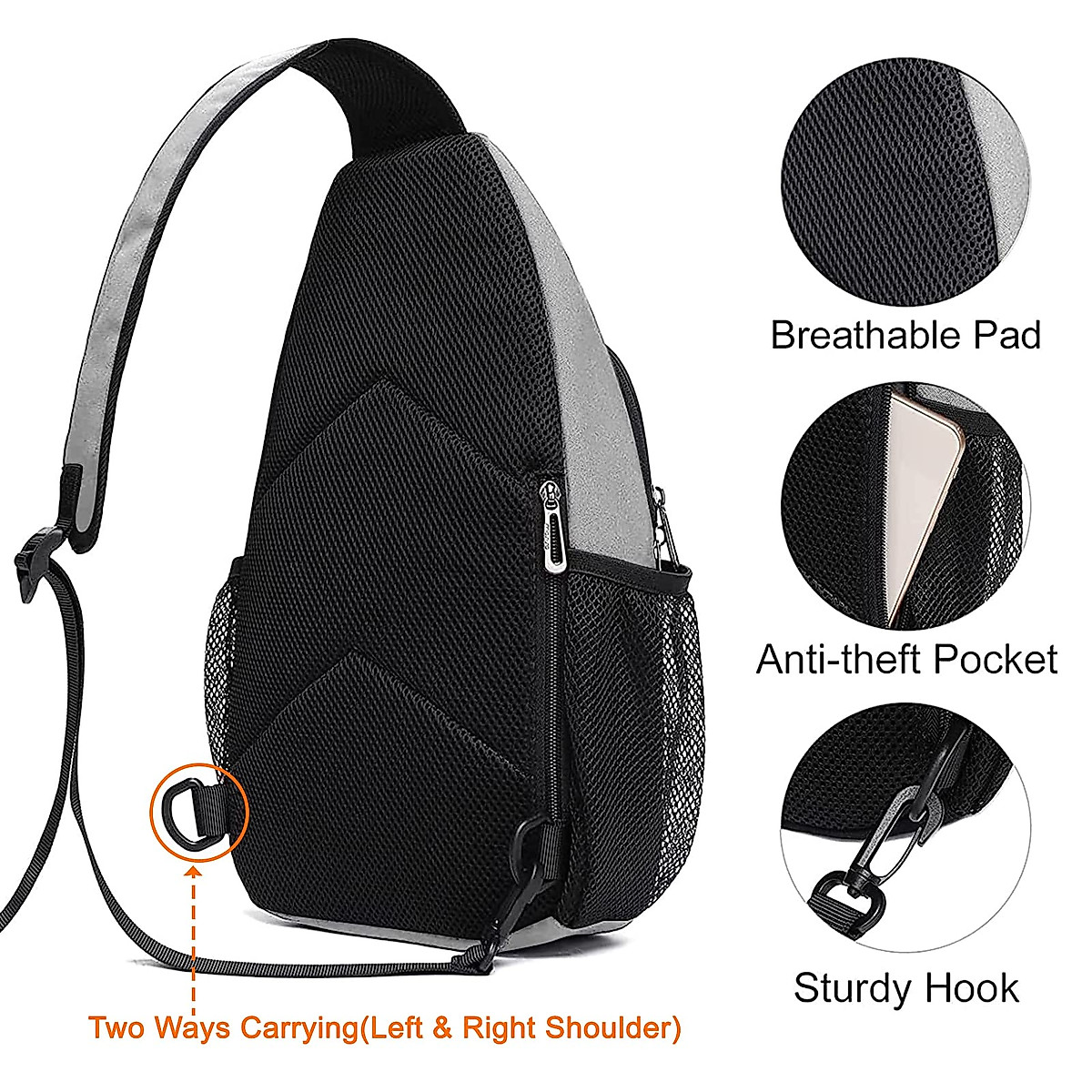 MOSISO Sling Backpack,Multipurpose Travel Hiking Daypack Rope Crossbody Shoulder Bag with Front Buckle Pouch&Reflective Strip, Black