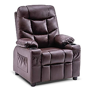 MCombo Big Kids Recliner Chair with Cup Holders for Boys and Girls Room, 2 Side Pockets, 3+ Age Group, Faux Leather 7366 (Dark Brown)