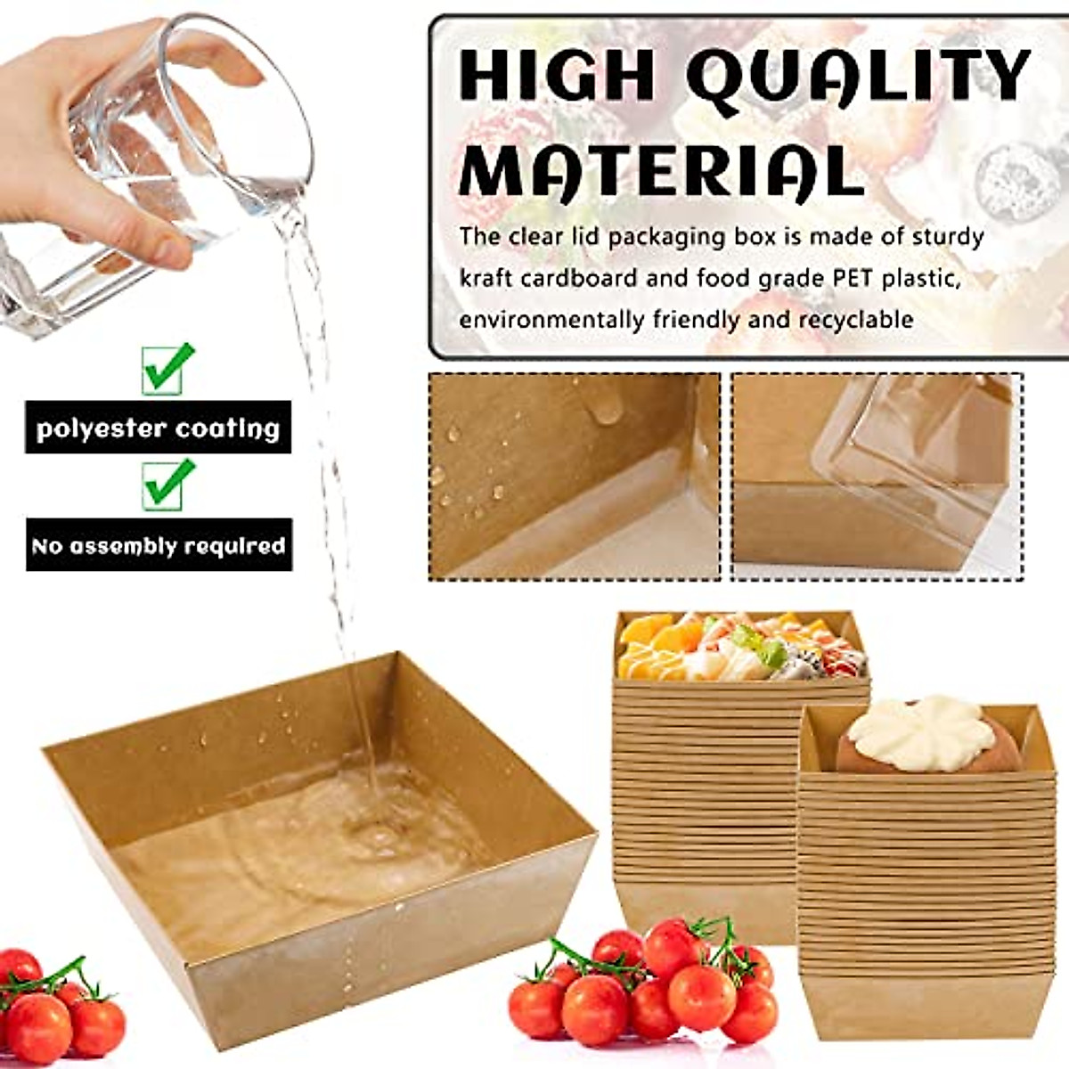 Cmkura 50 Pack Brown Square Disposable Paper Charcuterie Boxes Food Containers Bakery Boxes for Cake, Cookies, Sandwich(Small size)