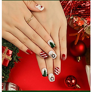Christmas Press on Nails Short Square Fake Nails with Rhinestone Wreath Designs Acrylic Nails Cute Red White Elk Deer Winter Green Xmas Tree Glue on Nails for Women Girls 24 Pcs