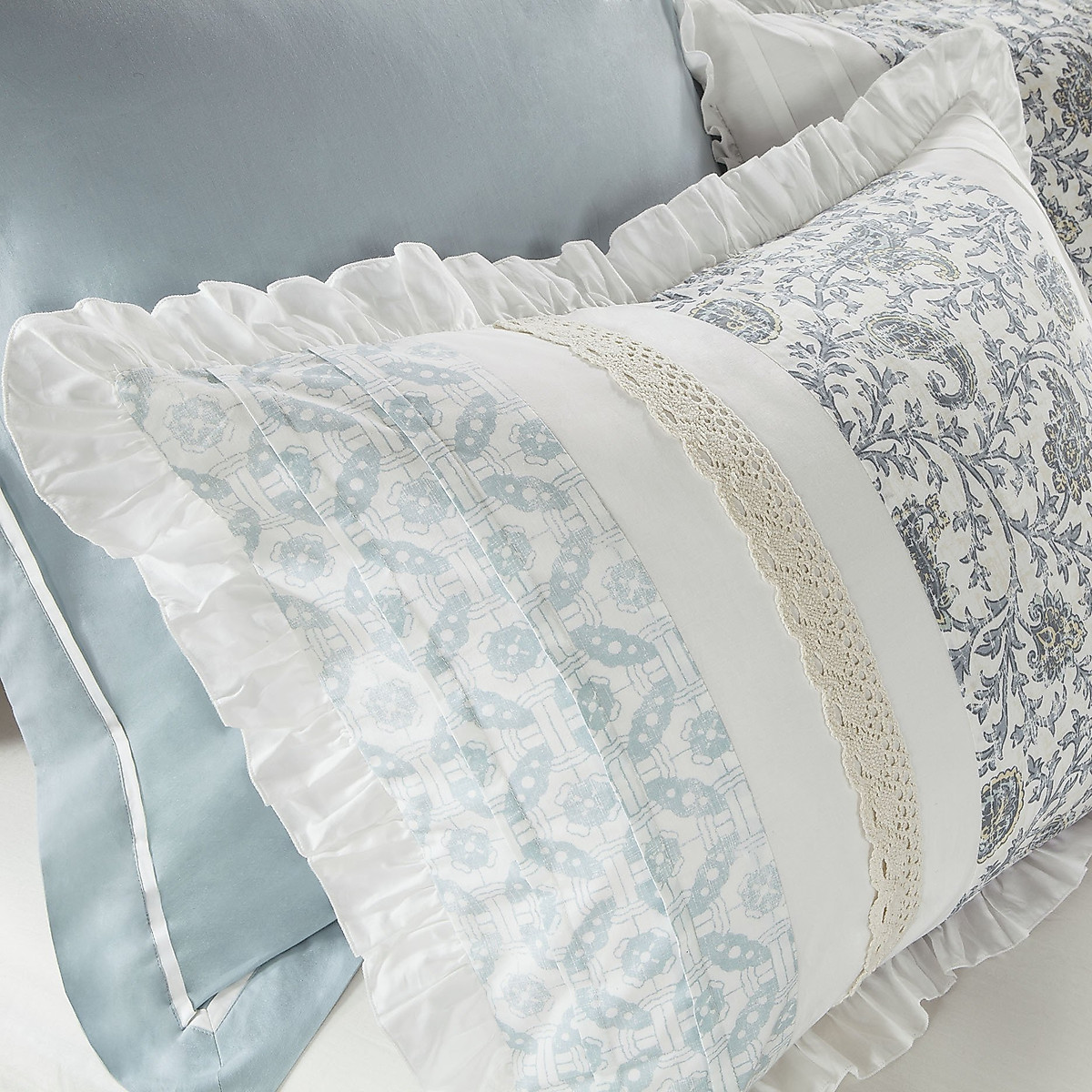 HGB Madison Park Shabby Chic Paisley Periwinkle and Green Soft Blue Dawn Bedding Queen Comforter with Lace and Ruffles (9 Piece in Bag)