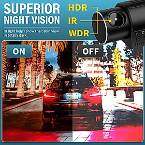 iiwey Dash Cam Front Rear and Inside 1080P Three Channels with IR Night Vision Car Camera SD Card Included Dashboard Camera Dashcam for Cars HDR Motion Detection and G-Sensor for Car, Taxi, Uber