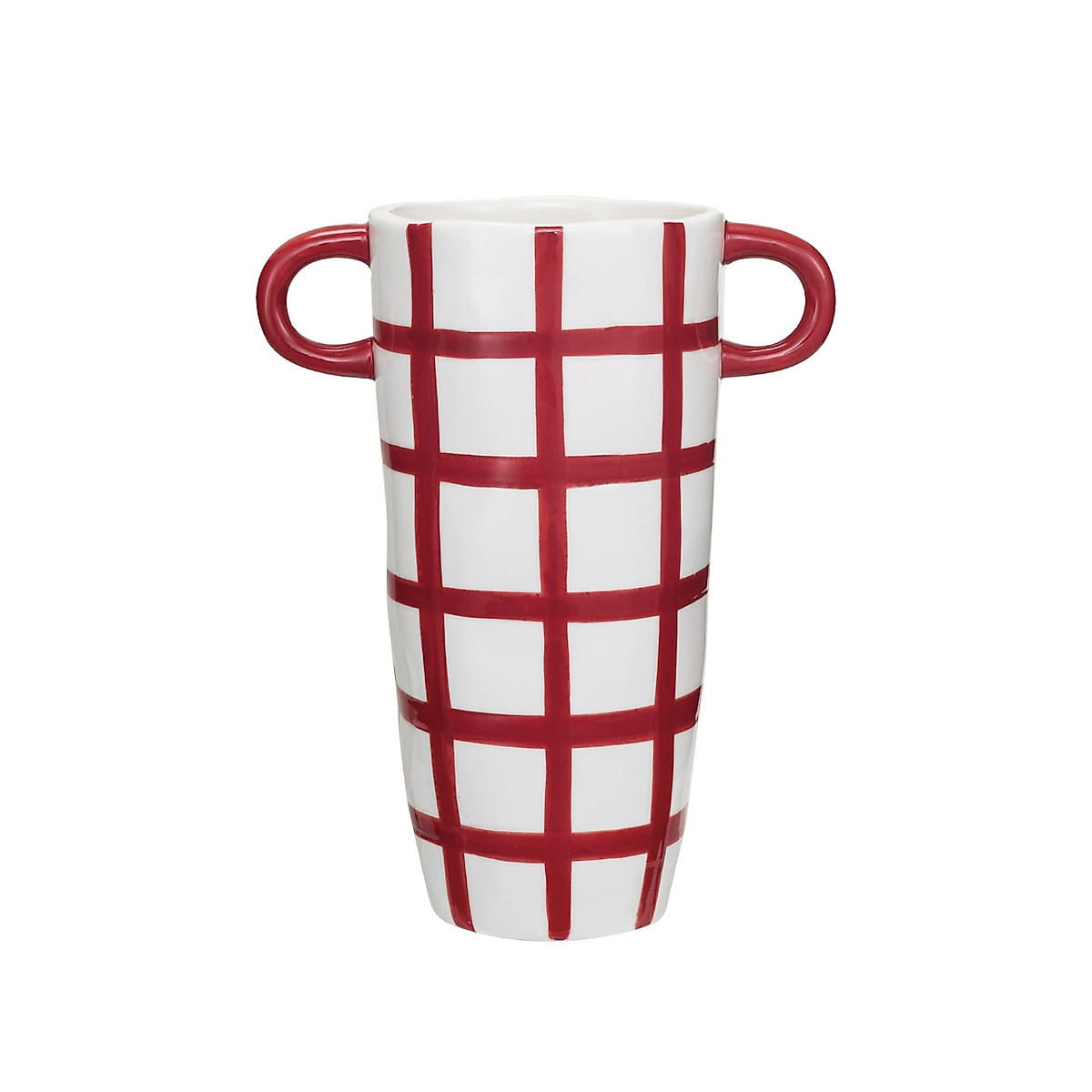 Creative Co-Op Hand-Painted Stoneware Container with Grid Pattern and Handles, Red and White