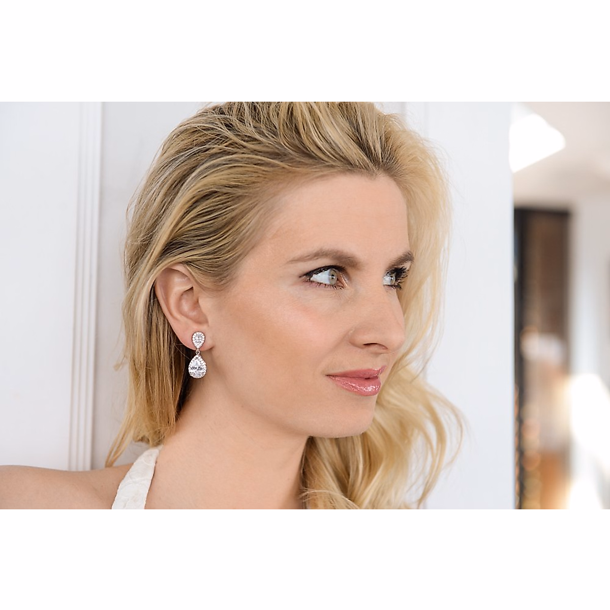 Mariell Clip-On Cubic Zirconia Crystal Teardrop Dangle Bridal and Wedding Earrings, Non-Pierced Earring Style, CZ Jewelry for Brides, Bridesmaids, Homecoming, Prom and Everyday Wear