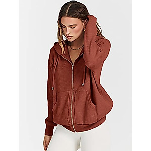 ANRABESS Women's Sweater Hoodies 2023 Fall Oversized Full Zip Up Jackets Long Sleeve Crewneck Sweatshirt Casual Loose Ribbed Knit Pullover Top with Pocket 791xiuhong-L Rust