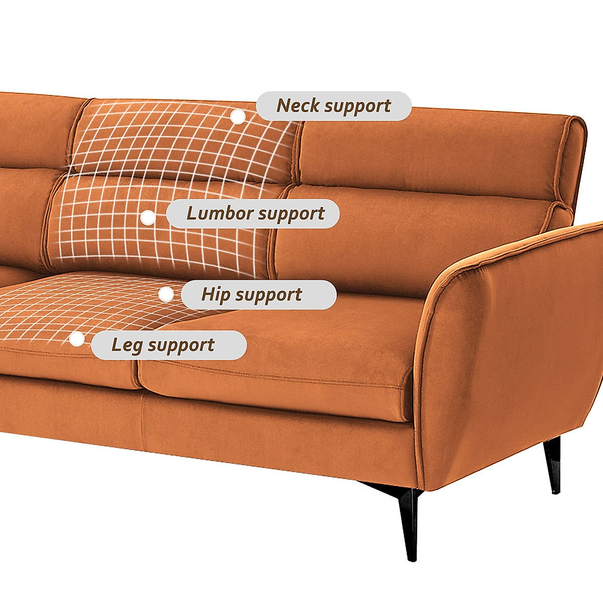 POCIYIHOME 111" Convertible Sectional, Flannel L Shape Upholstered Living Room Couch with Left/Right Facing Handed, 5 Seats Indoor Modular Sofa Chaise for Office,Apartment, Metal Leg, Orange