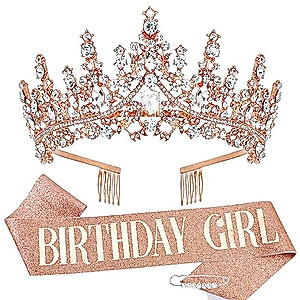 TOBATOBA Birthday Sash Birthday Crowns for Women Girls, Birthday Girl Sash and Tiara Set, Rose Gold Birthday Crown and Sash for Women, Princess Birthday Decorations for Girls Birthday Gifts for Girls