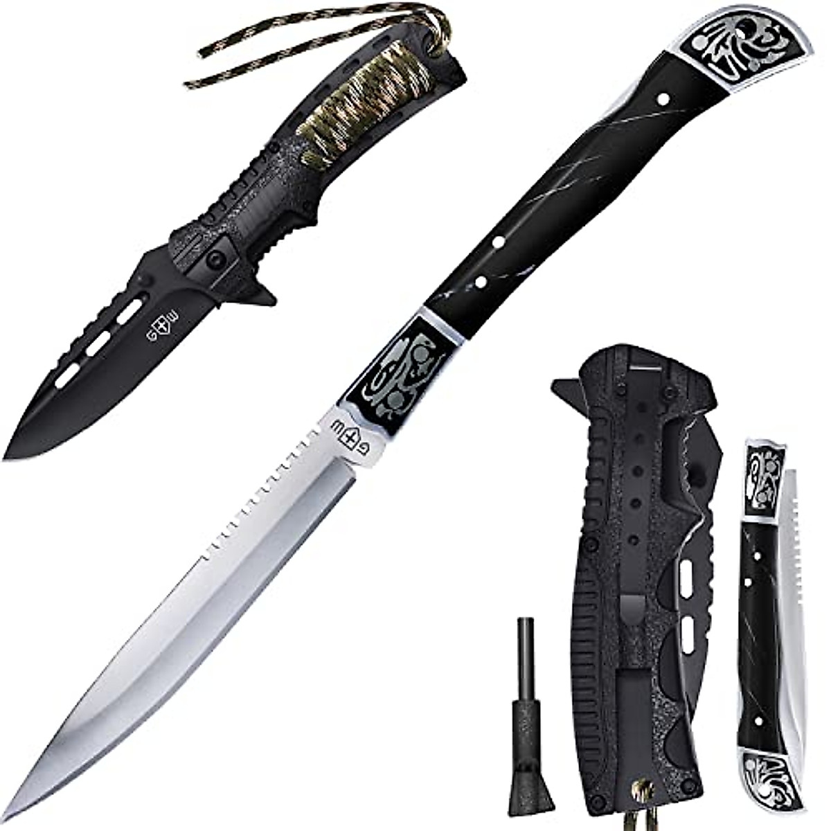 Bundle of 2 Items - Pocket Knife - Tactical Folding Knife - Knife with Fire Starter Paracord Handle - Best Pocket Knife for Urban Work Hobby Unboxing - Stocking Stuffers for Men - Gift for Men Women