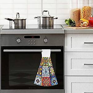 Qilmy Mexican Talavera Ceramic Tile Kitchen Towels, 2PCS Super Soft Absorbent Hanging Hang Towels or Dishcloths, Bathroom Hand Towels 12x17Inches