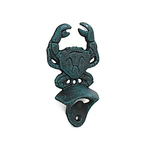 Hampton Nautical Seaworn Blue Cast Iron Wall Mounted Crab Bottle Opener, 6"