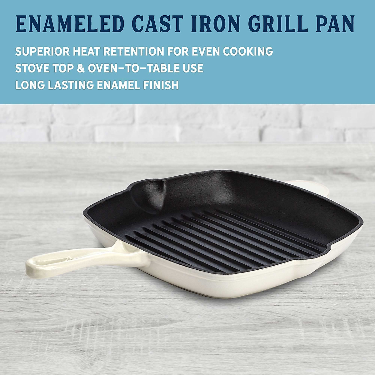 Country Living Enameled Cast Iron Square Griddle Grill Pan with Ridges, Helper Handle and Pouring Spouts for Easy Draining, Indoor Grilling Skillet, 11-Inch, Cream