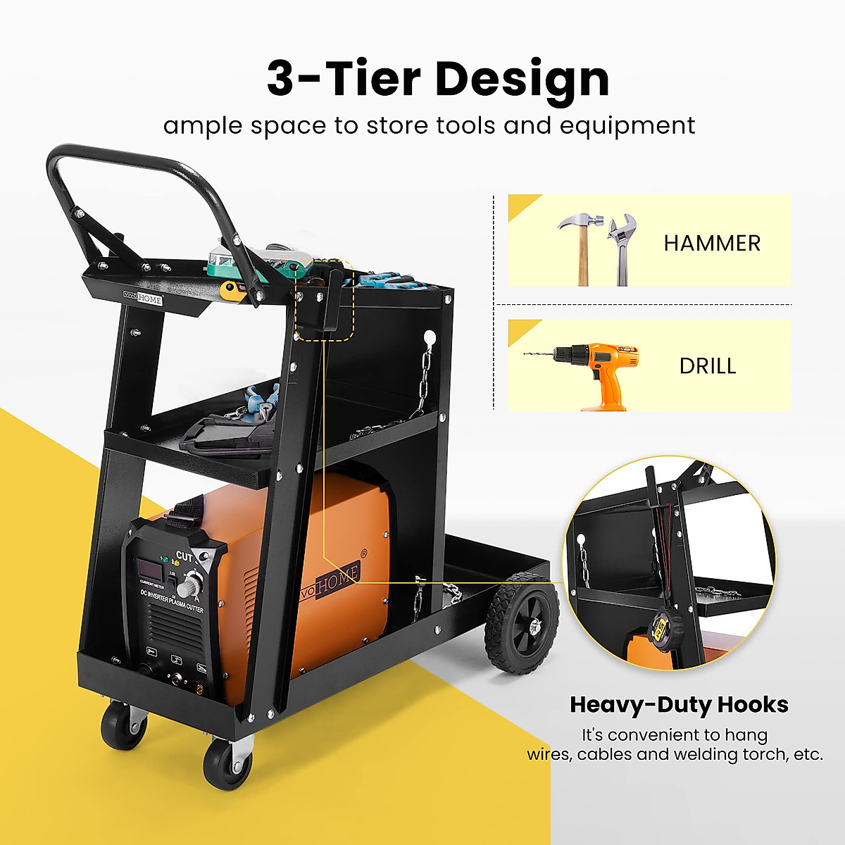 VIVOHOME Iron 3 Tiers Rolling Welding Cart with Upgraded Wheels and Tank Storage for TIG MIG Welder and Plasma Cutter Black
