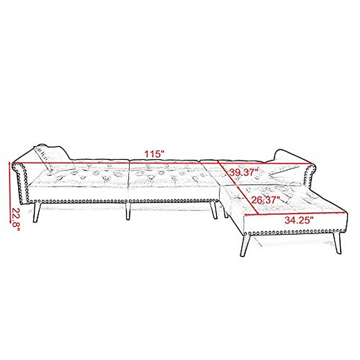 EMKK Red Velvet Convertible Sofa Bed Sleeper Reversible Sectional L-Shape Lounge Adjustable Backrest Couch for Living Room/Small Apartment