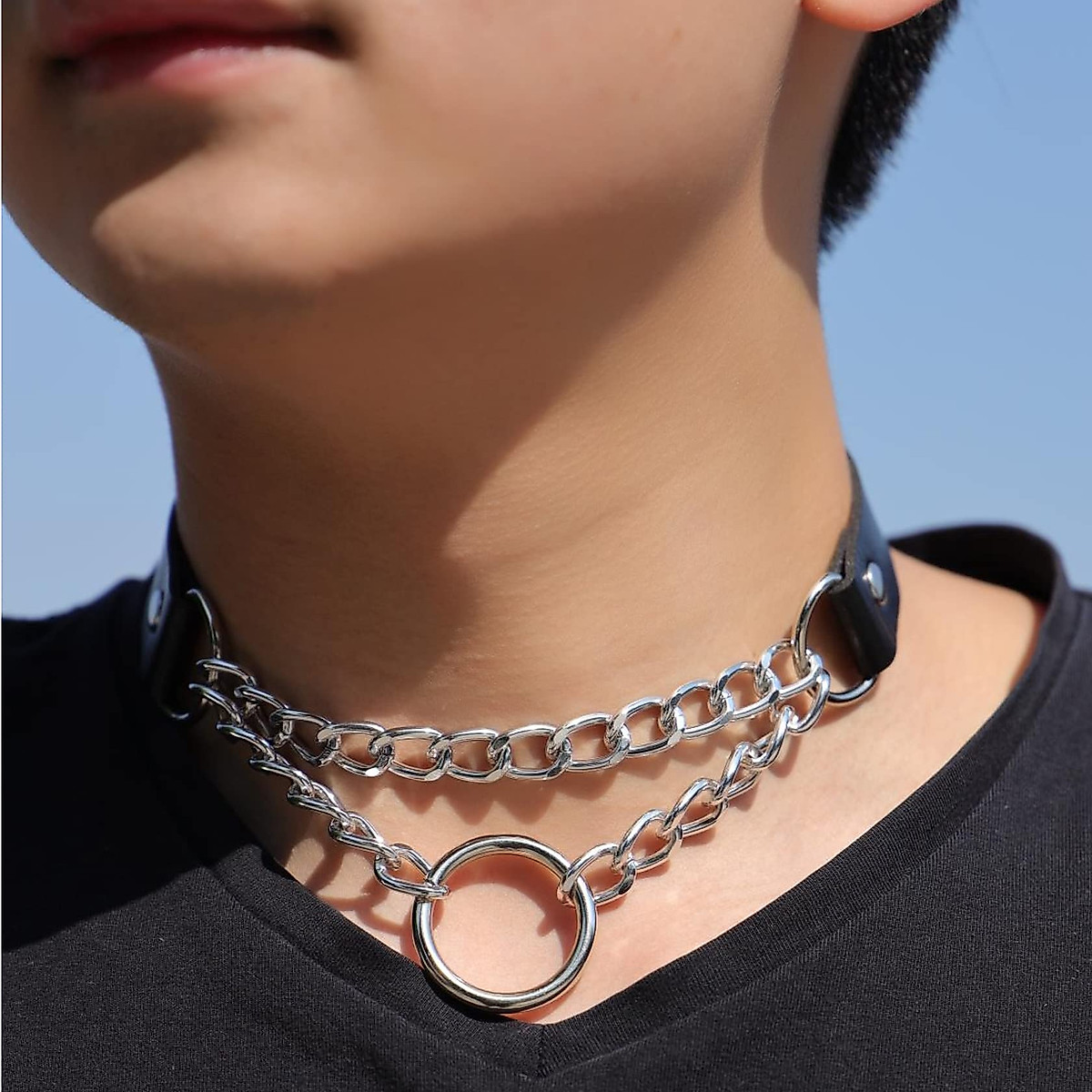 Manfnee PU Leather Choker Punk Goth Emo Circle Chain Choker Collar Necklace for Women Men Adjustable