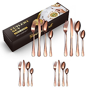 Stainless Steel Flatware Set,Service for 4,Rose Gold Cutlery Utensils 16Piece Tableware Set Include Fork Knife Spoon