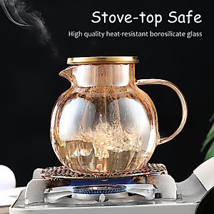 WOWOHA Glass Teapot Stovetop & Microwave Safe Glass Tea Kettle, Durable Borosilicate Glass Teapot with Strainer, 44oz/1300ml Glass Tea Pot with Lid (Amber)