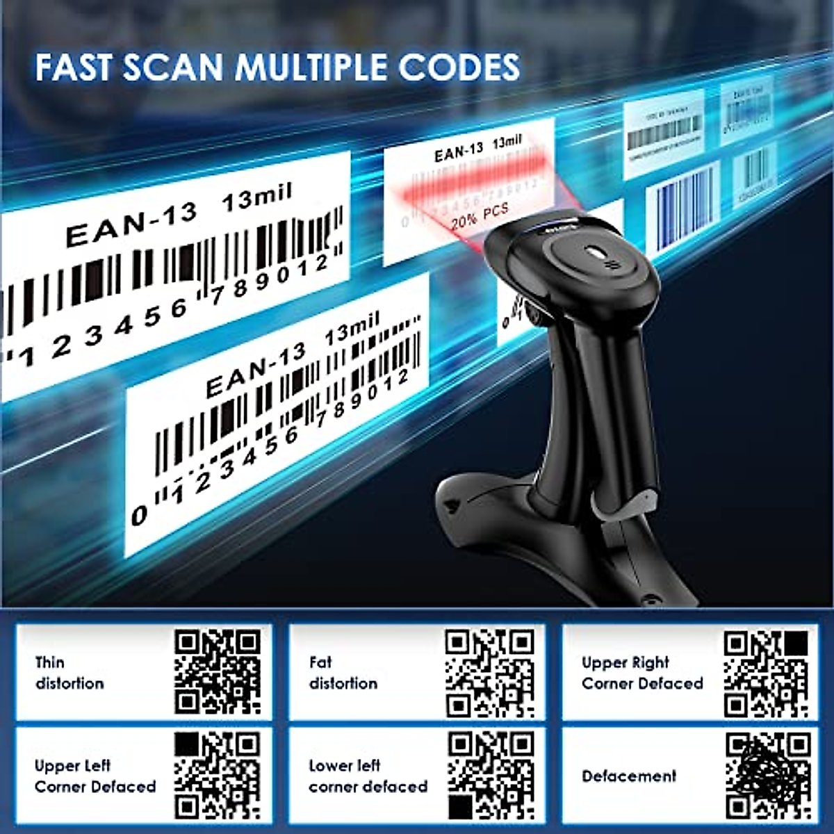 Eyoyo Wireless Barcode Scanner, 3-in-1 Bluetooth Barcode Scanner for Inventory, Cordless Vibration 1D 2D Qr Code Scanner, Handheld Wireless Barcode Reader for Windows iOS and Computers