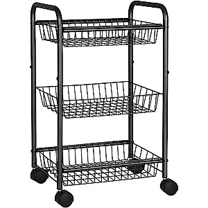SONGMICS 3-Tier Metal Rolling Cart, Storage Cart with Removable Baskets, Utility Cart with Wheels and Handle, for Kitchen, Bathroom, Laundry Room, Black, UBSC03BK