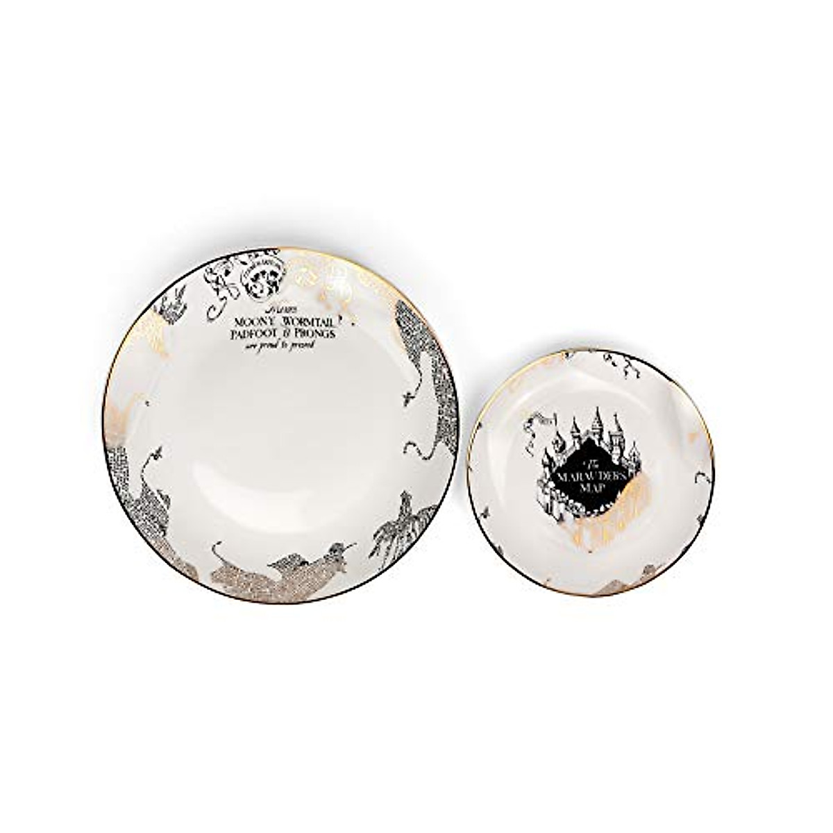 Harry Potter Marauder's Map Porcelain 4 Piece Place Setting - Gold Marauders Map Design - Includes 1 Dinner Plate, 1 Salad Plate, 1 Bowl and 1 Mug - Great Gift for Any Harry Potter Fan