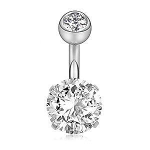 YHMM 14G 1/4"(6mm) Short Bar Surgical Steel Belly Button Rings Round Cubic Zirconia Navel Barbell Stud Body Piercing (6mm bar,2Pcs Silver)