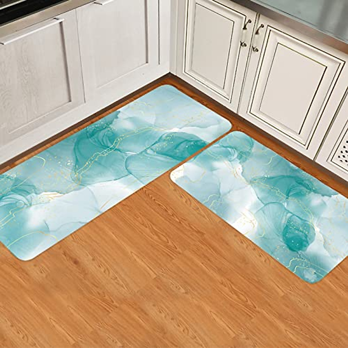 ZOE GARDEN 2 Pcs Kitchen Rug Set, Marble Aqua Non-Slip Kitchen Mats and Rugs Comfort Floor Door Mat Doormat, Long Throw Bath Runner Rug Mat Gradient Gold Aesthetics Abstract Minimalist Art