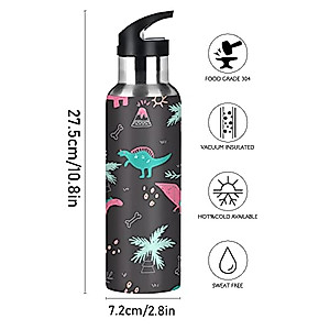 OREZI Vector Childish Dinosaurs Water Bottle Thermos with Straw Lid for Boys Girls,600 ml,Leakproof Stainless-Steel Sports Bottle for Women Men Teenage