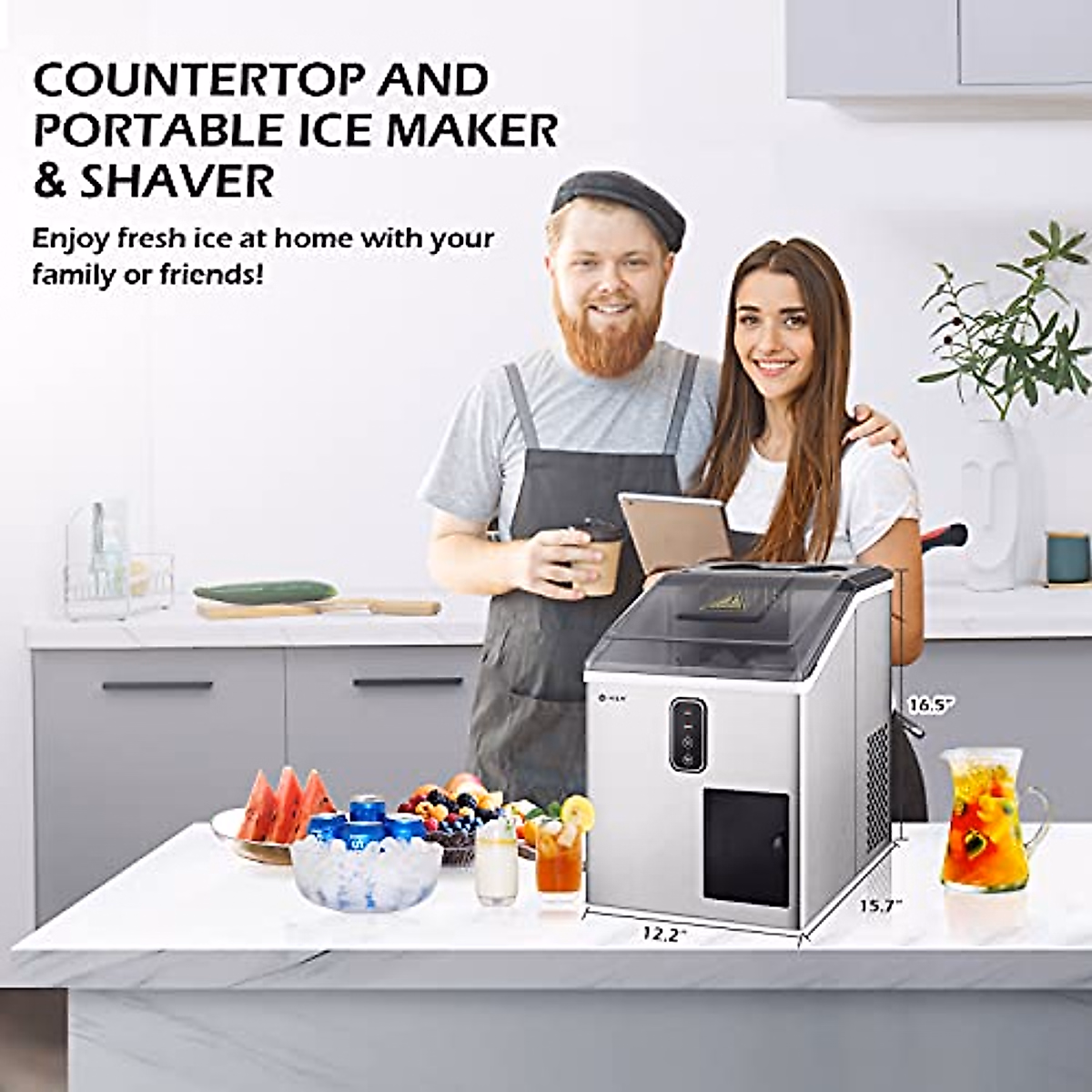 IKER Ice Makers Countertop, 2 in 1 Ice Maker & Shaver Machine-33lbs/24H, 12 Bullet Ice Cubes in 10 Mins, Compact Portable Nugget Ice Maker with Crusher for Home/Kitchen/Office/Bar