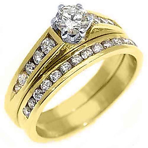 TheJewelryMaster 14k Yellow Gold 1 Carat Round Diamond Engagement Ring Wedding Band Bridal Set