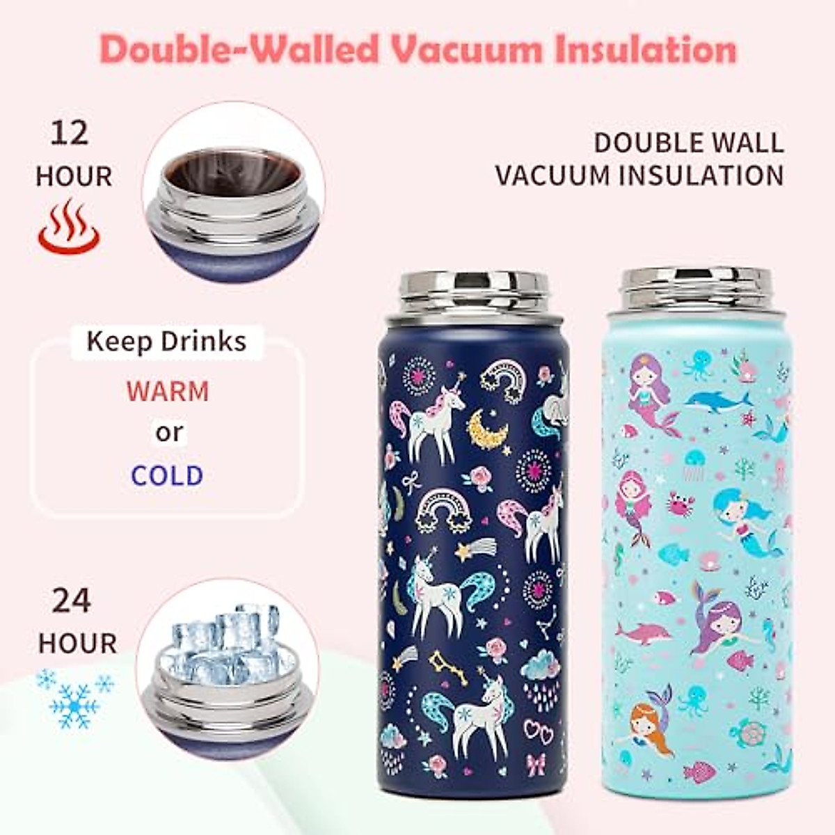 ACESAK 18oz Kids Insulated Water Bottle with Straw Lid - 18/8 Stainless Steel Kid Cup Travel Tumbler Double Wall Vacuum Leak Proof Portable Toddler Water Bottle (Unicorn + Mermaid)