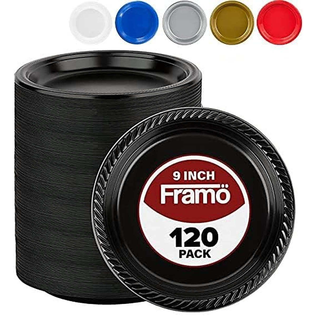 FRAMO Disposable Black Plastic Plates, Pack of 120-9-Inch Round Plastic Plates Special Events, Party, Dinner, Picnic, or Travel - Bulk Pack Party Supplies