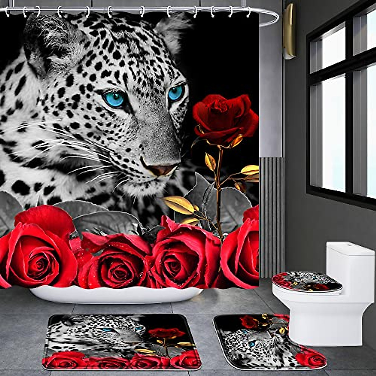 YOKYHOM 4 Piece Bathroom Sets with Shower Curtain and Rugs, Leopard Rose Bathroom Shower Curtain Sets with Rugs, Incl 71'' x 71'' Shower Curtain with 12 Hooks, Non Slip Bath Mats, Toilet Lid Oval Rug