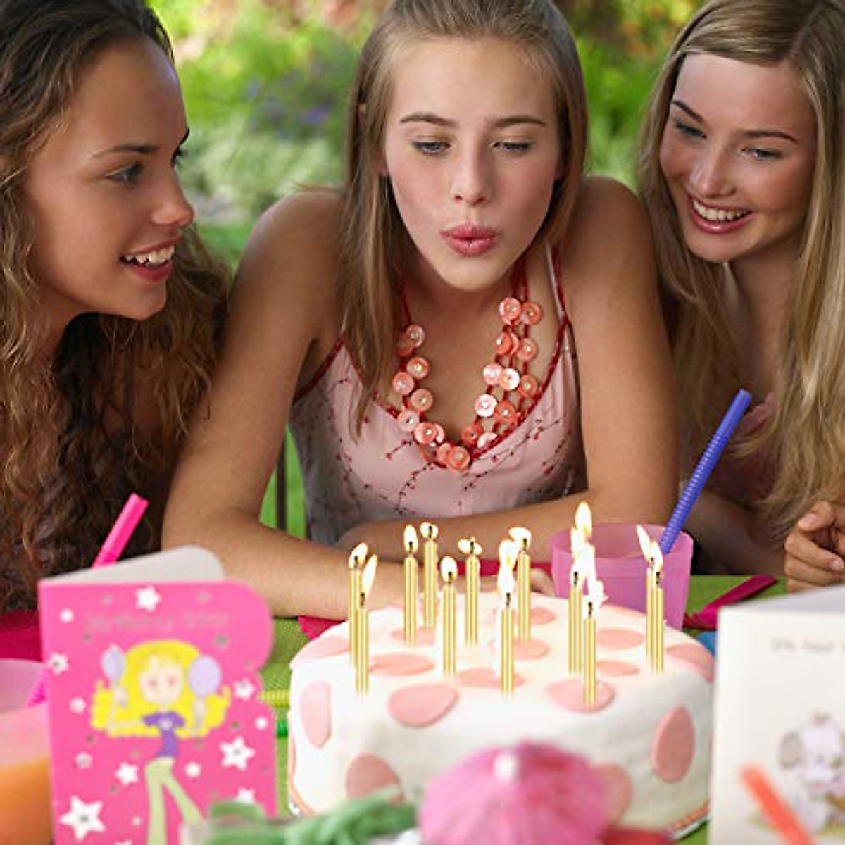 LUTER Metallic Birthday Candles in Holders Tall Birthday Cake Candles Long Thin Cupcake Candles for Birthday Wedding Party Decoration(24 Pieces) (Gold)