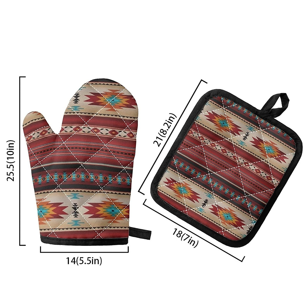 JOAIFO Southwest Nativa Oven Mitts and Pot Holders Sets, Tribal Aztec Pattern Heat Resistant & Non-Slip Oven Mitts with Potholder Fashion Kitchen Cotton Cooking BBQ Gloves