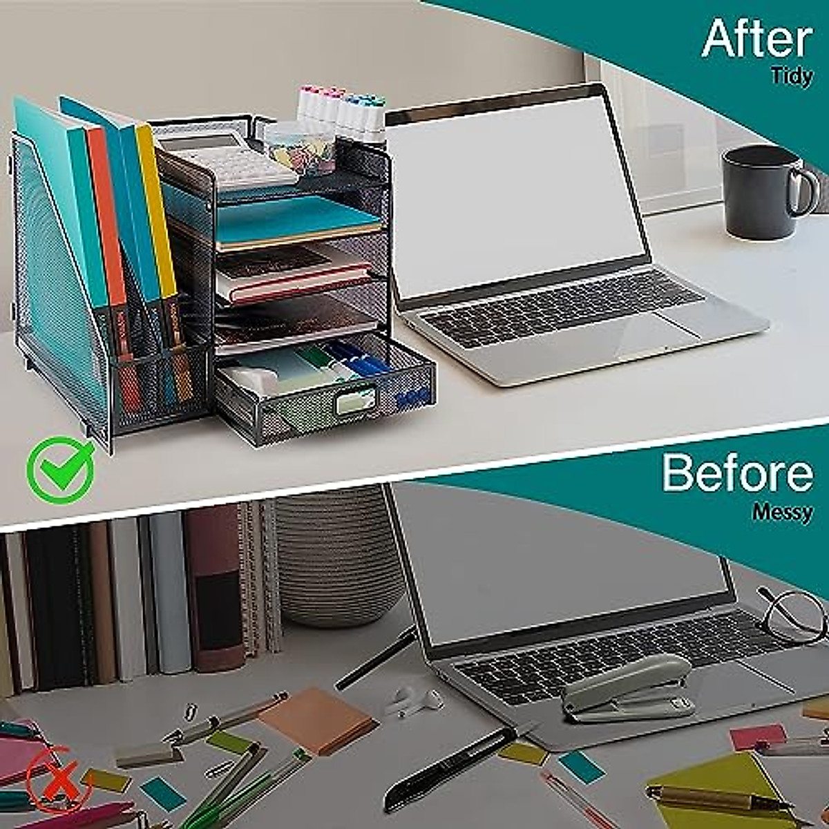 Metal Mesh Desk Organizer with 1 Sliding Drawer, 5 Horizontal Trays and 2 Vertical Sections, with 2 Spaces for Pencils and Accessories Black, assembles and disassembles in minutes to store or use