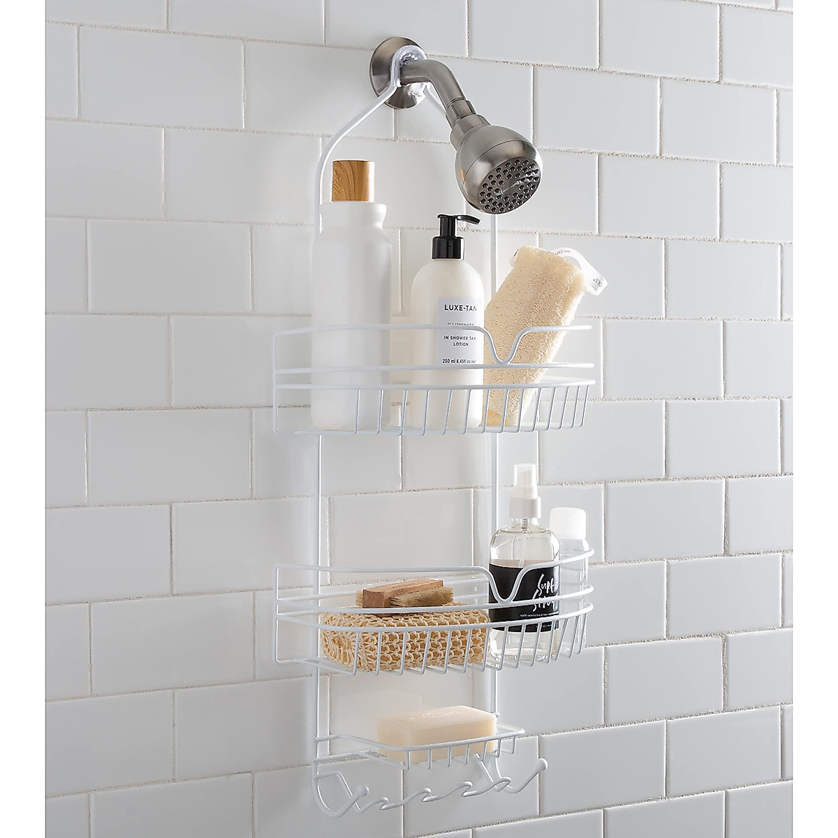 Bath Bliss Head Shower Caddy, 2 Large Baskets, Soap Dish Holder, 6 Accessory Hooks, Moisture & Rust Resistant, White