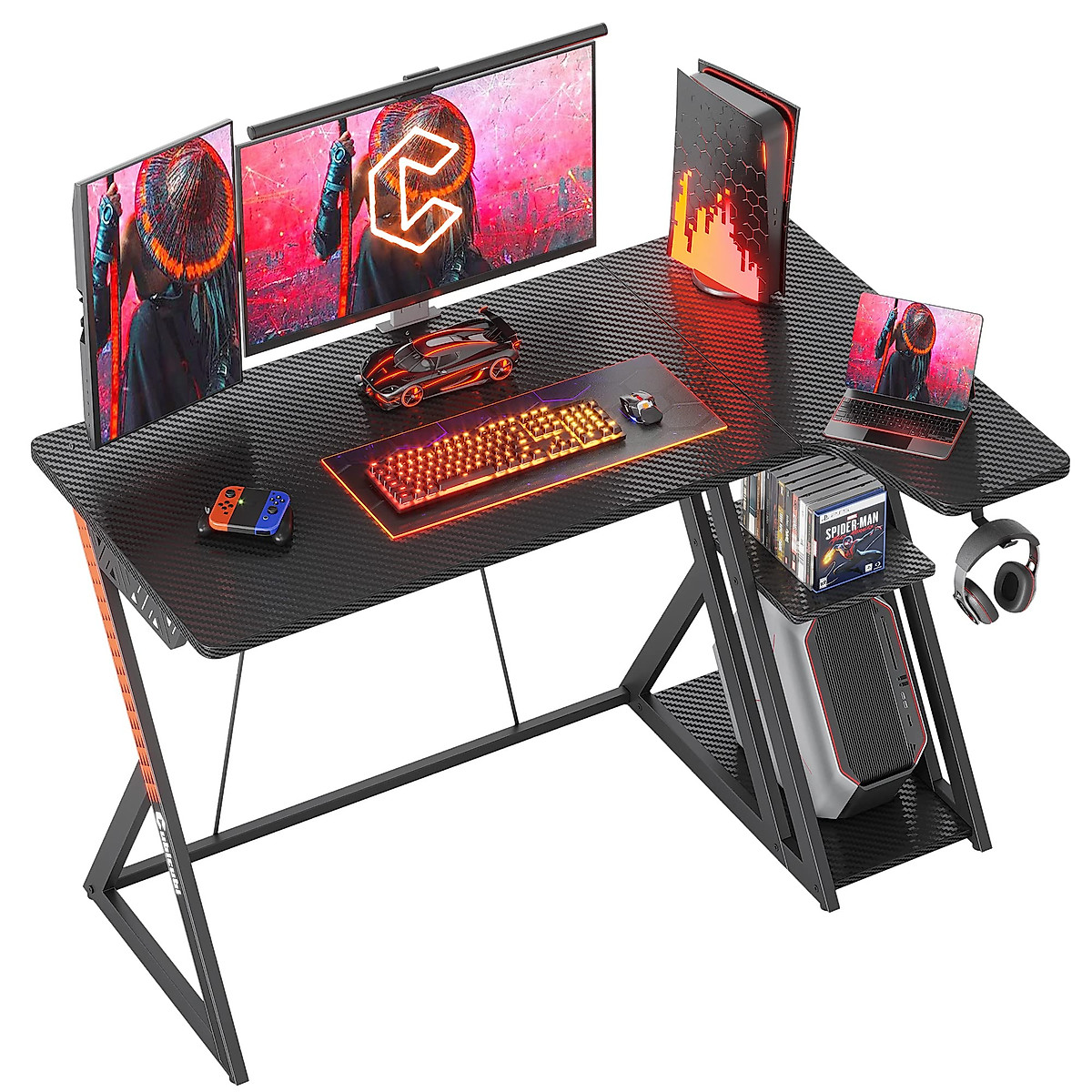 CubiCubi Carrier Gaming Desk 47 inch Gamer Workstation, Home Computer Carbon Fiber Surface Gaming Desk PC Table with Monitor Stand