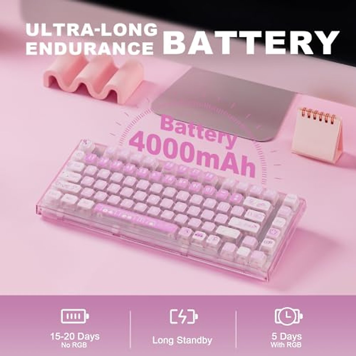 YUNZII X75 PRO 82 Key Wireless Hot Swappable Mechanical Gaming Keyboard with Transparent Keycaps,BT5.0/2.4G/USB-C, Gasket Mount Keyboard,for Windows/Mac (Crystal White Switch, Wireless-Pink)