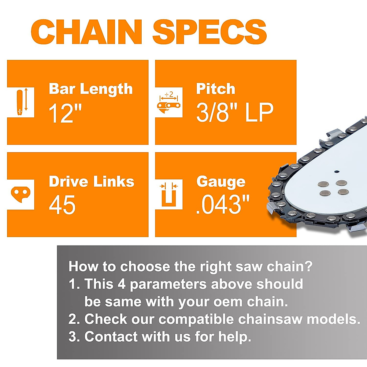 SUNGATOR 3-Pack 12 Inch Chainsaw Chain SG-R45, Compatible with Dewalt DCCS620B, DCCS620P1C, 3/8" LP Pitch - .043" Gauge - 45 Drive Links, Compatible with Craftsman, Ryobi and more